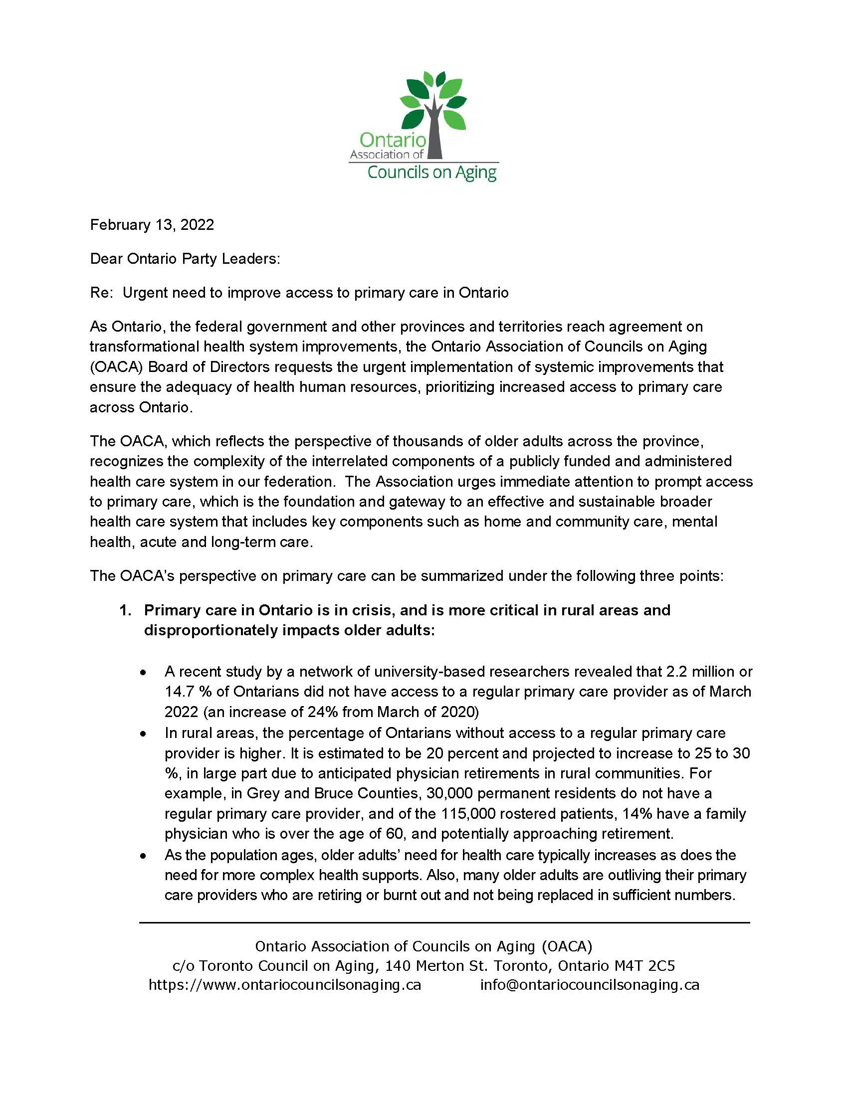 OACA Activity – Ontario Association of Councils on Aging (OACA)